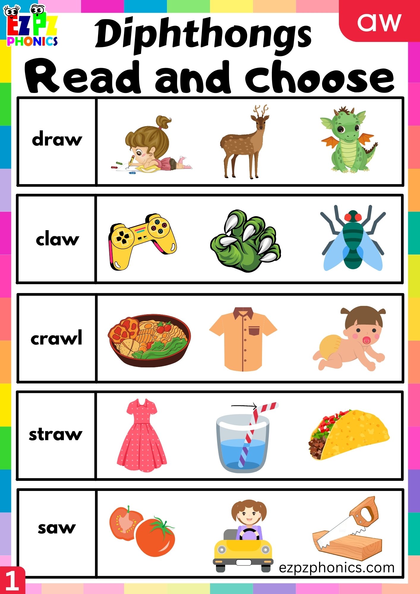aw Diphthong Read the Word and Choose the Correct Image Worksheet PDF Download - ezpzphonics.com